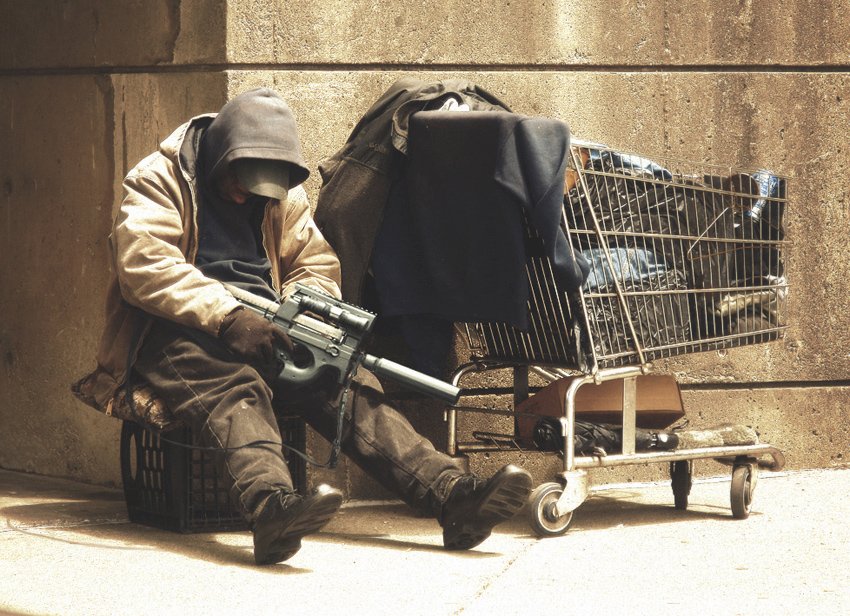 homeless warrior with p90 - MyConfinedSpace