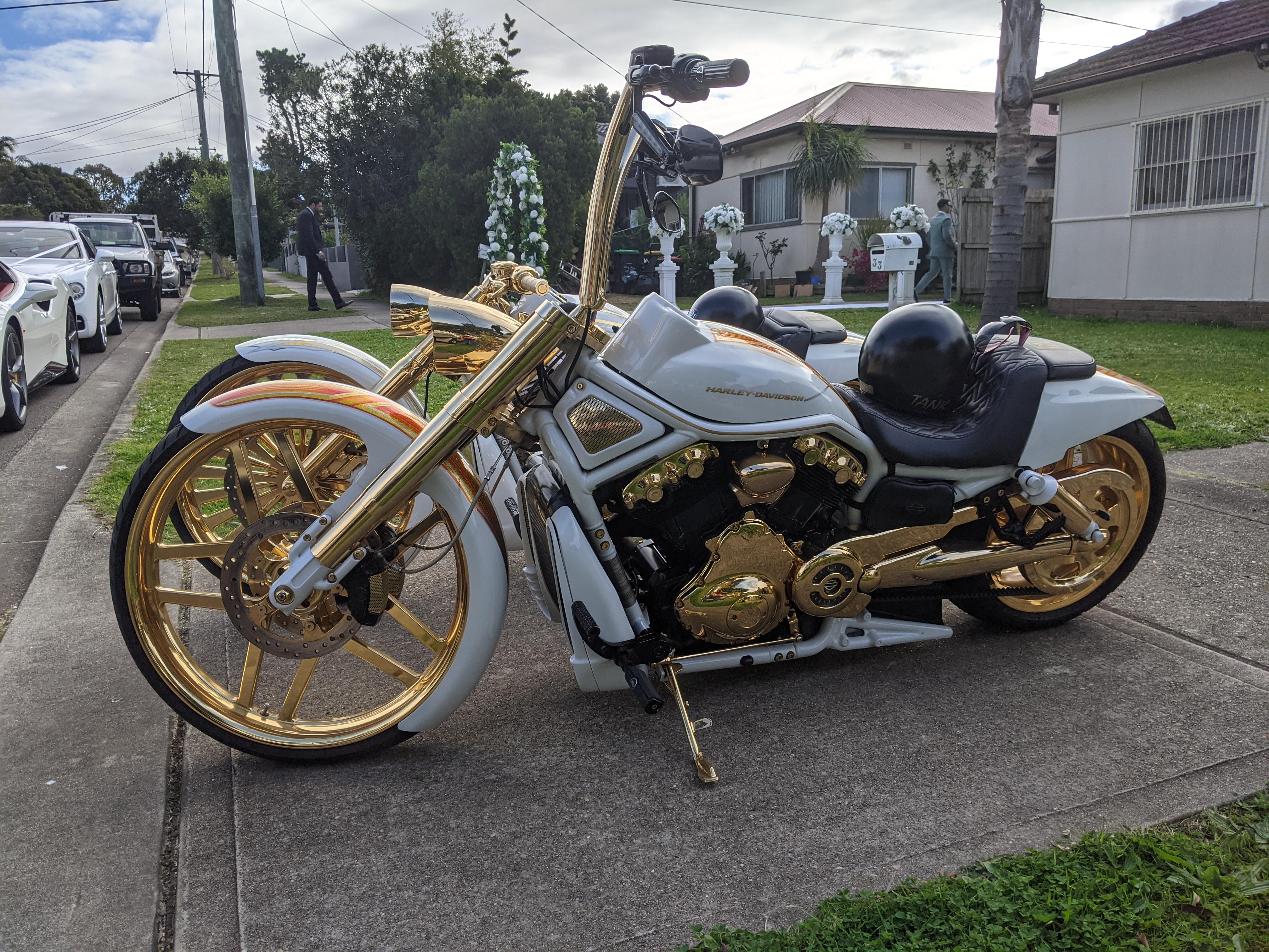 Custom Gold Plated Harley’s at the Front of a Wedding Reception ...