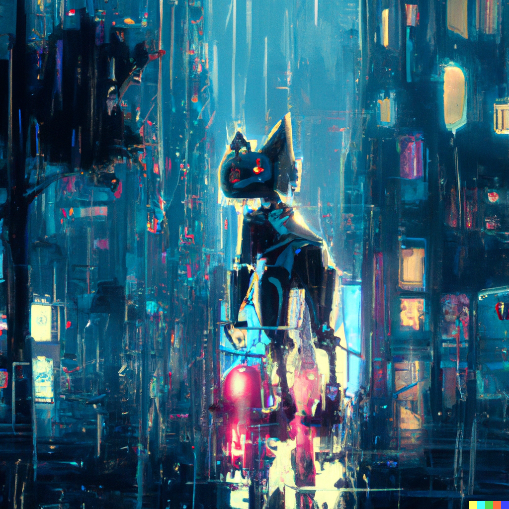 AI-generated art: Cyborg cat walking around a futuristic cyberpunk city ...