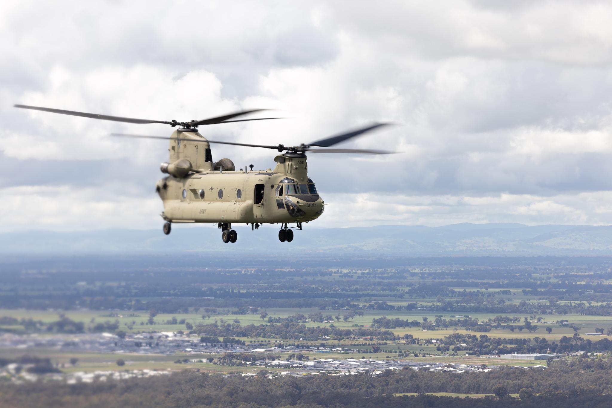 Australian Army CH-47 Chinook doing a transport flight in Victoria ...