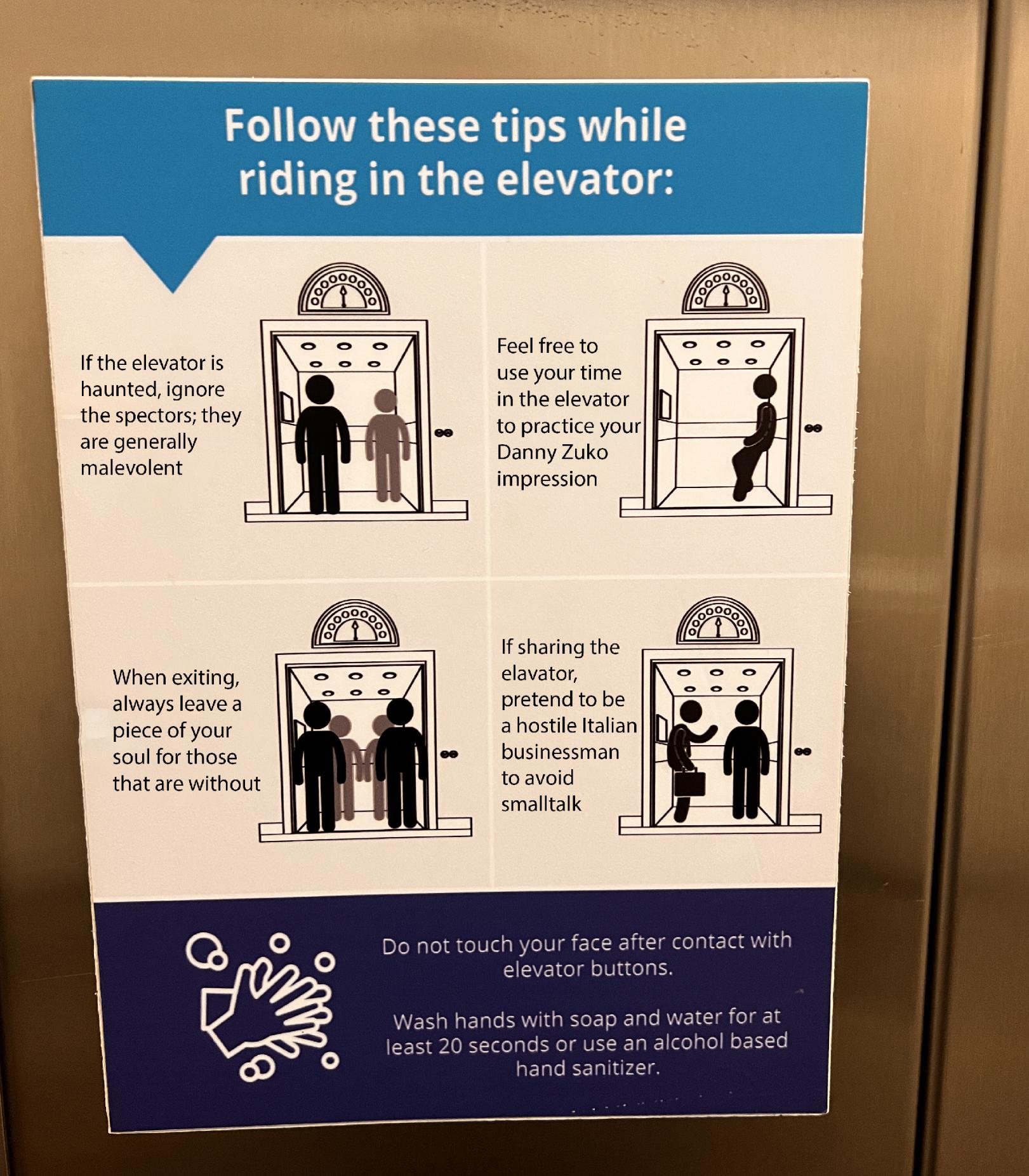 The elevator tips sign at my kid’s doctor’s office seemed a little ...