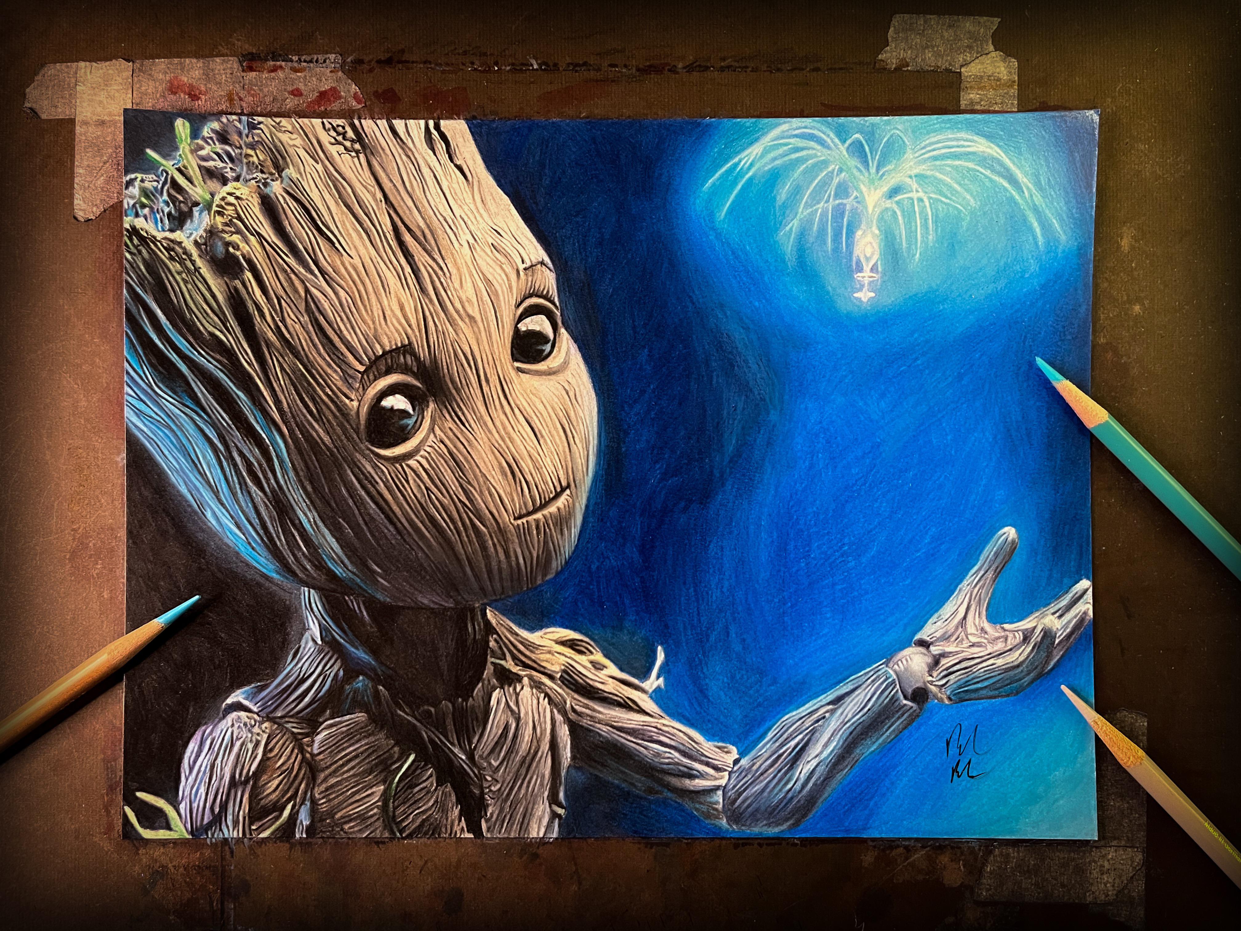 My Groot colored pencil drawing - MyConfinedSpace
