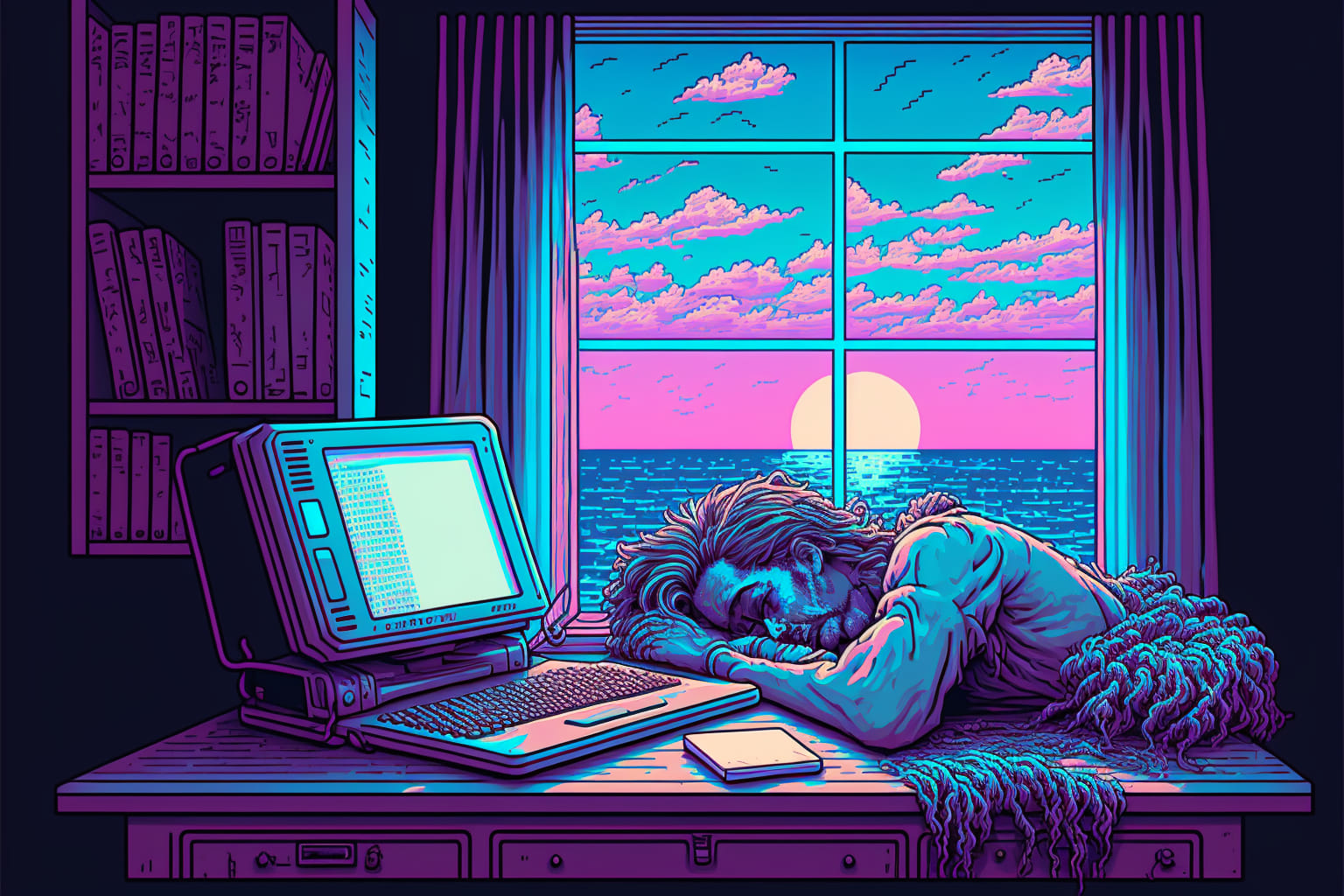 AI art – “Sleeping person hooked to a computer writing his dreams ...